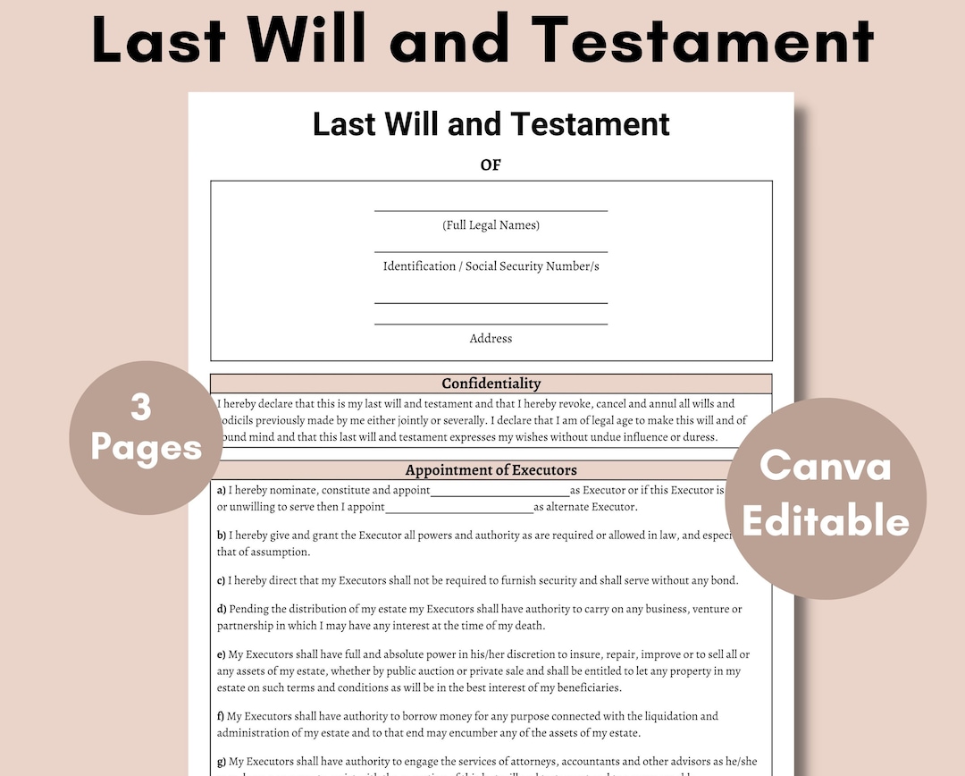 Last Will and Testament, Printable Last Will and Testament Template ...