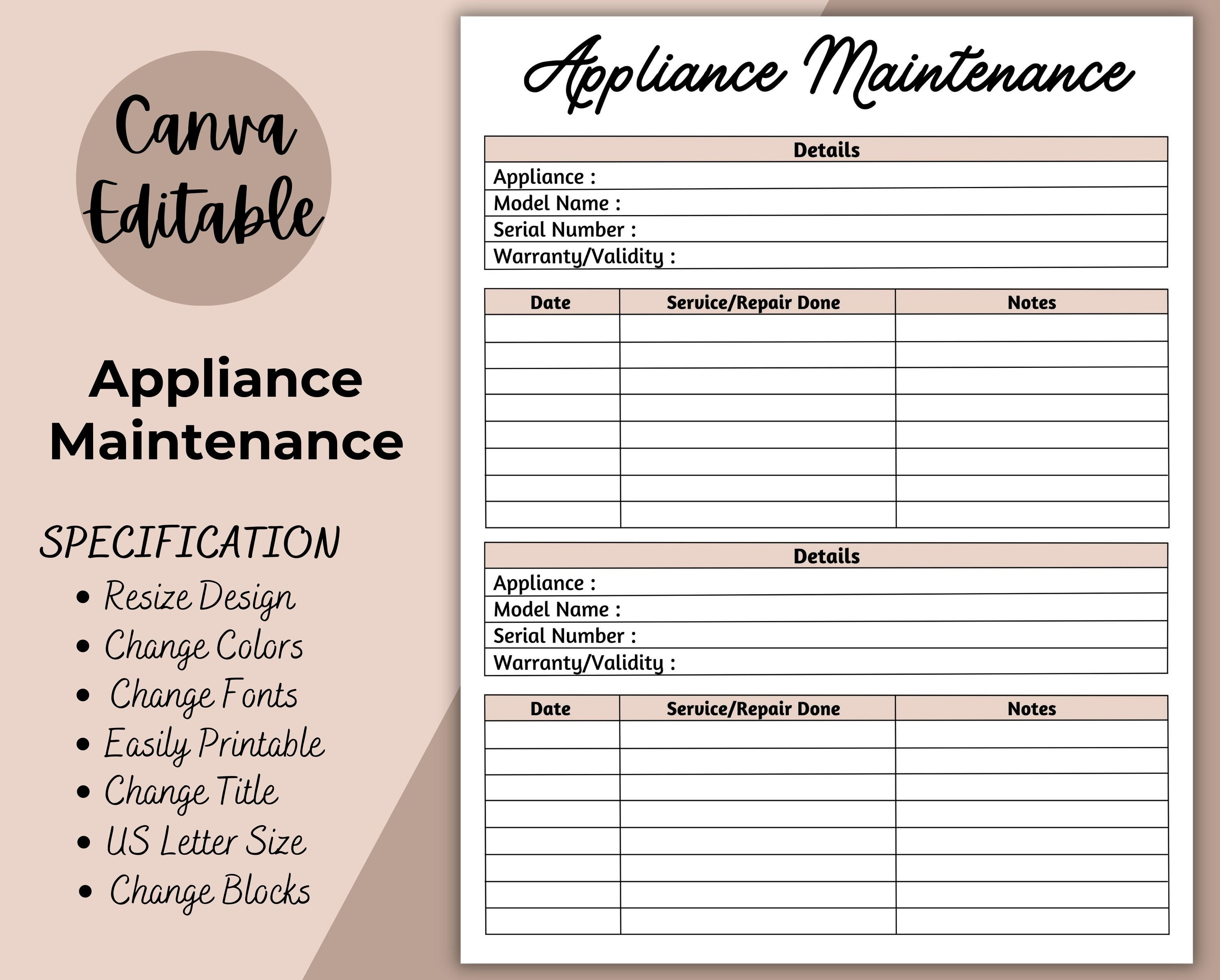 Appliance Maintenance Log Appliance Tracker for Home - Etsy