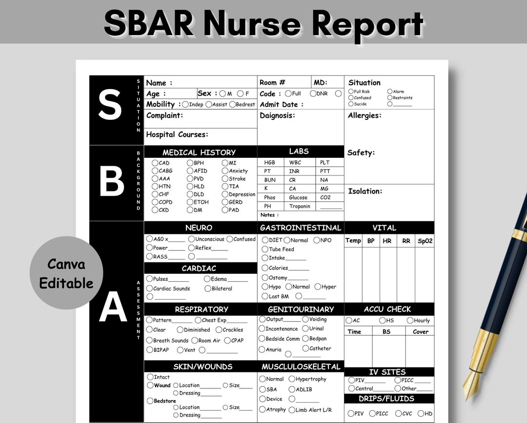 SBAR Nurse Report Sheet, ICU Report Sheet for Nurse Printable Med Surg ...