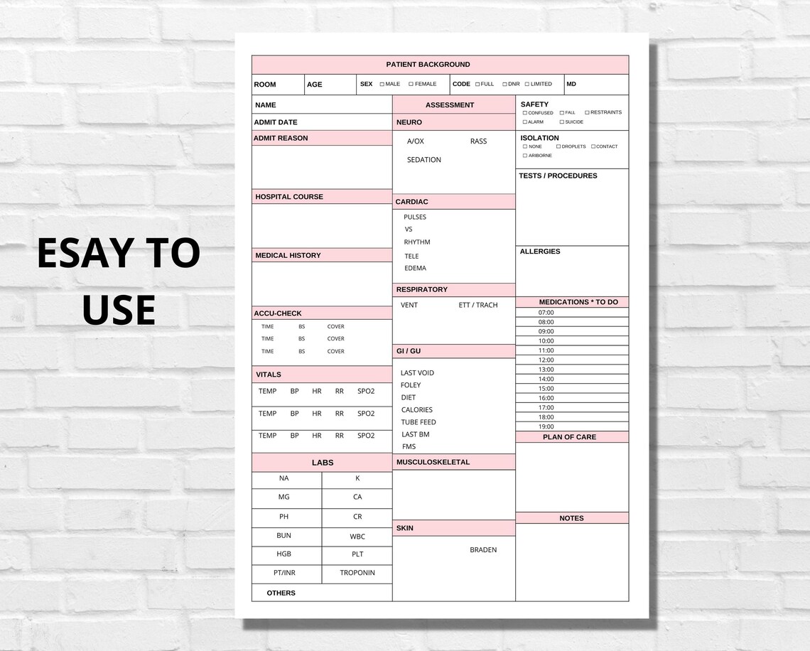 Printable Nursing Report Sheet Nurse Brain Sheet Med Surg - Etsy