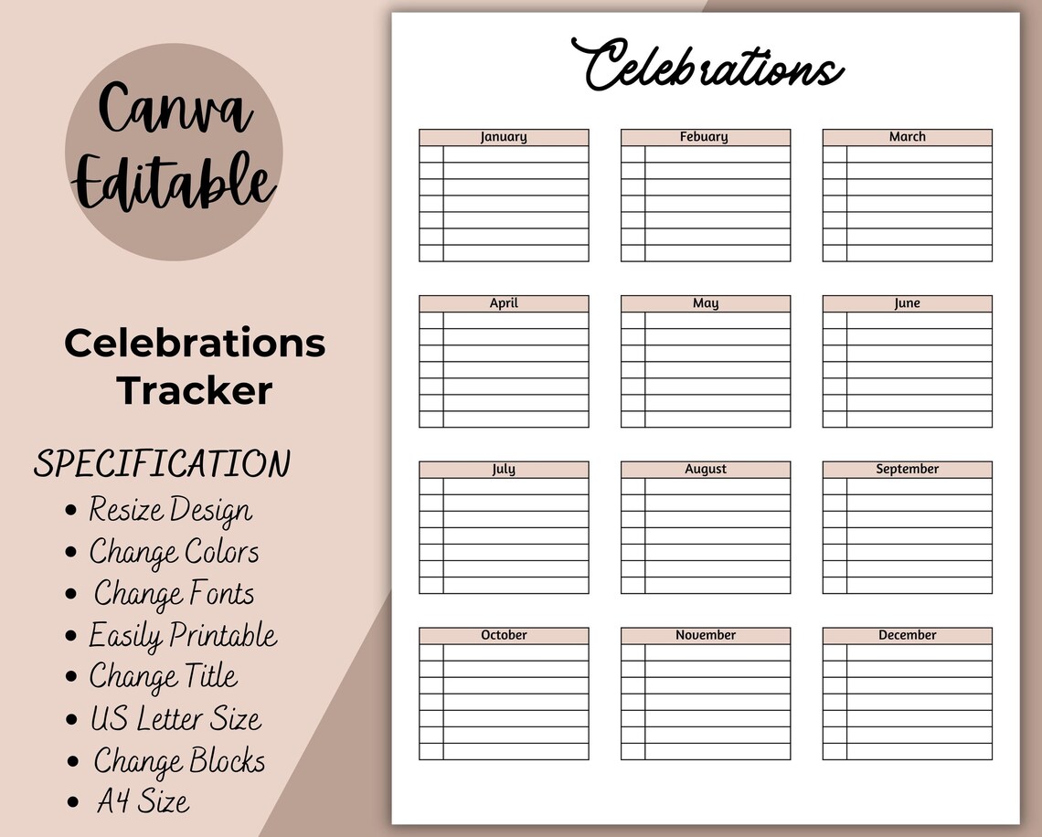 Celebration Tracker Yearly Event Tracker Editable - Etsy