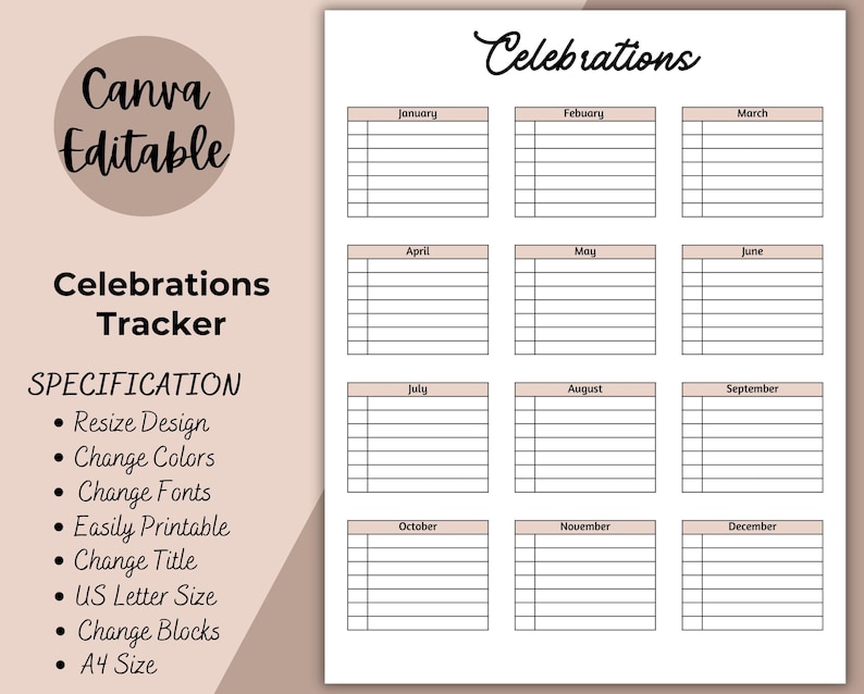 Celebration Tracker Yearly Event Tracker Editable - Etsy