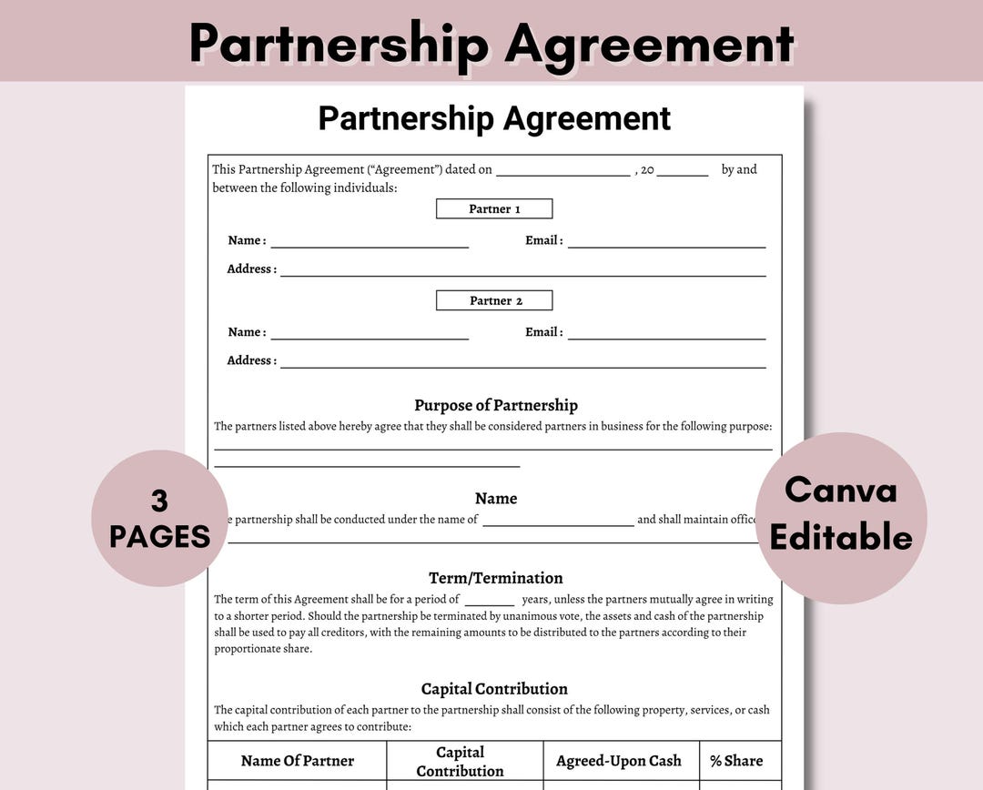 Partnership Agreement Template, Editable Agreement for LLC, 50-50 ...