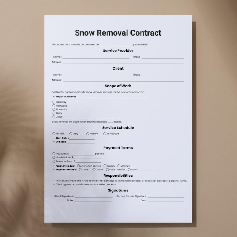 Simple Snow Removal Contract, One Page Residential Snow Plowing ...