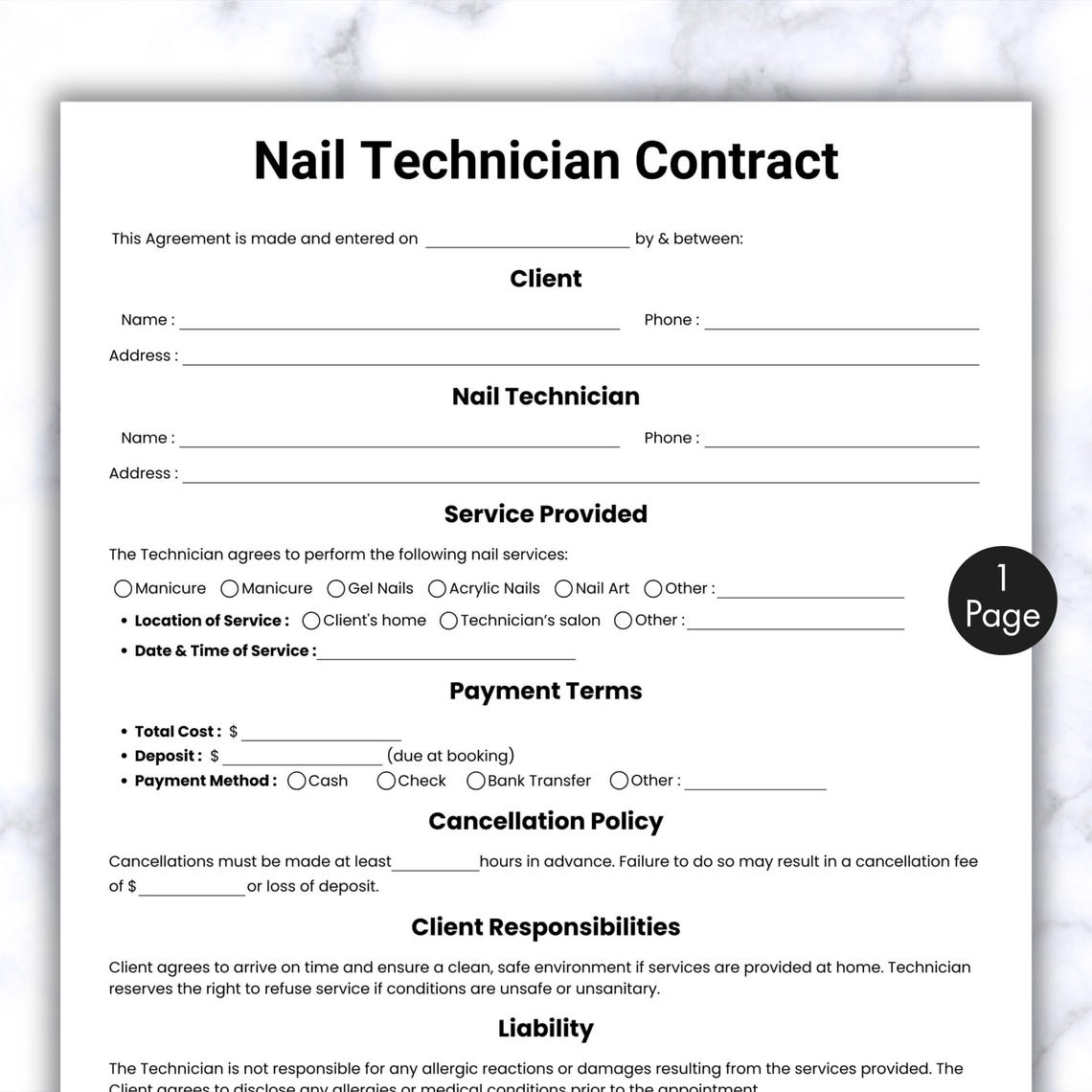 Simple Nail Technician Contract, One Page Nail Tech Consultation Form ...
