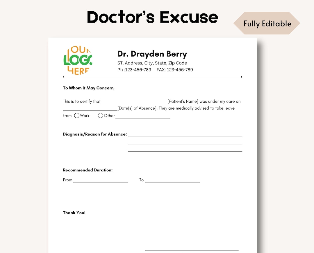Doctor Excuse Note, Doctor Excuse Letter, Doctor Template for Work ...
