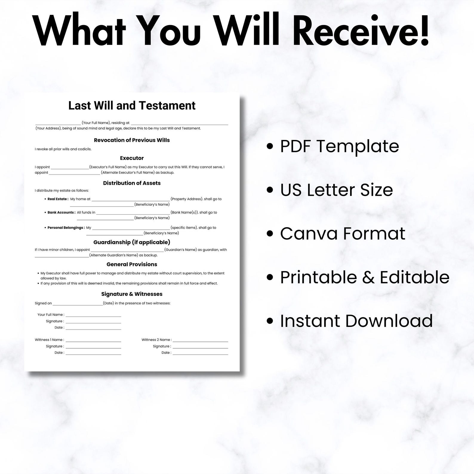Simple Last Will and Testament, One Page Testament Form, Printable ...