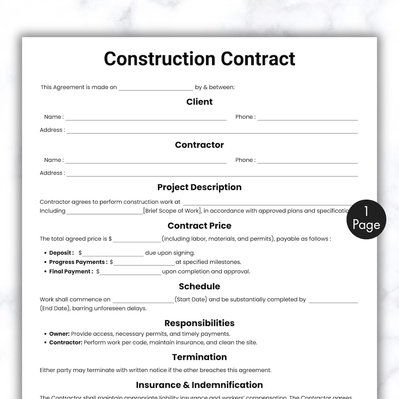 Simple Construction Contract Agreement, One Page Construction Agreement ...