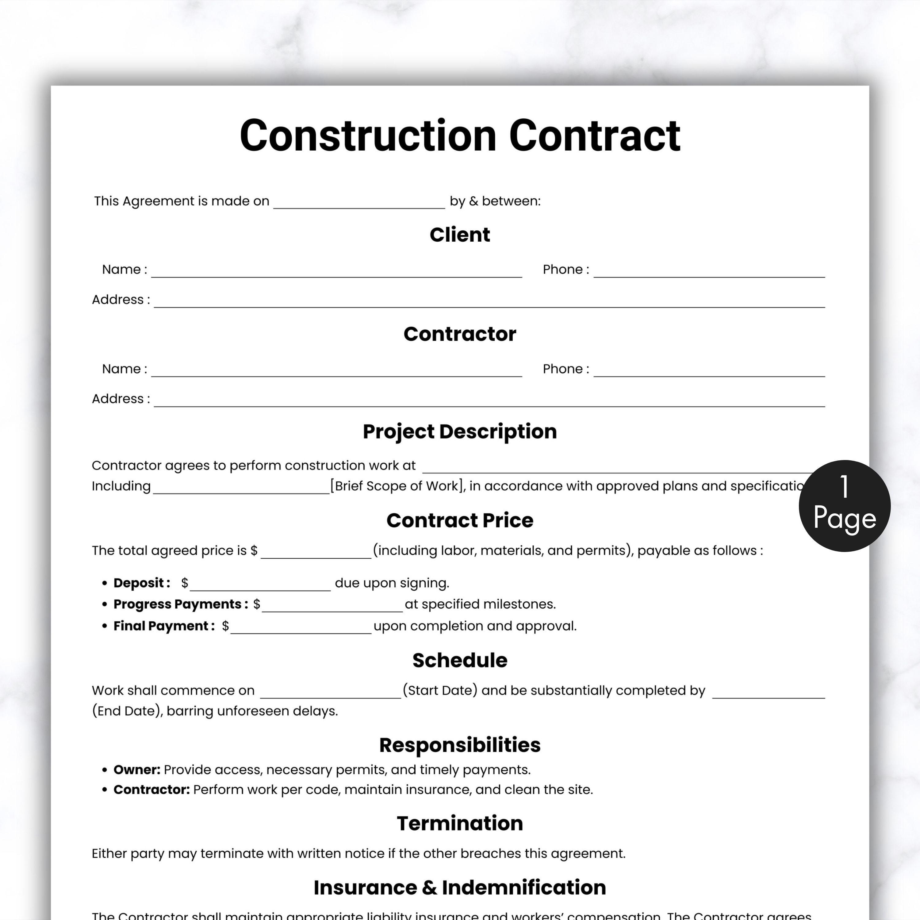 Simple Construction Contract Agreement, One Page Construction Agreement ...