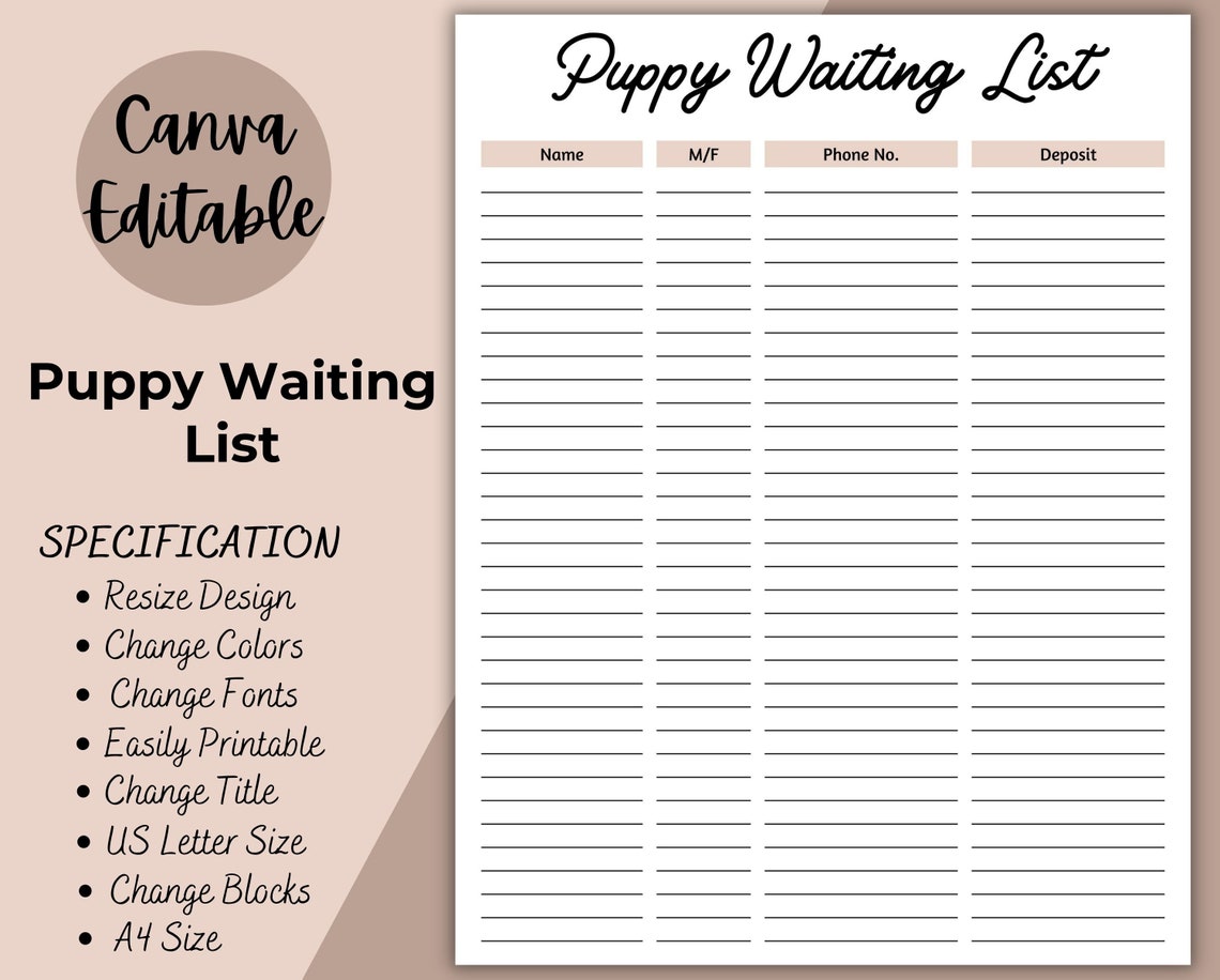 Editable Puppy Waiting List Sign up Sheet, PRINTABLE Sign Up, Event ...