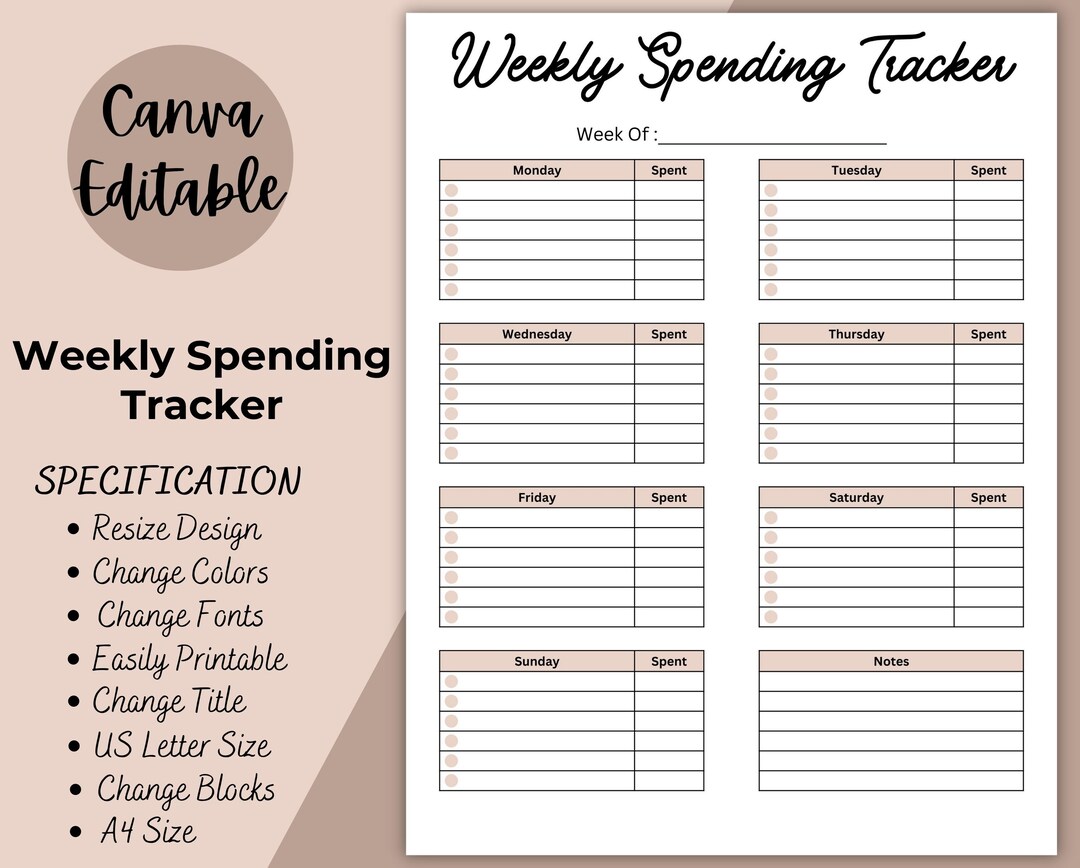 Weekly Spending Tracker | Expense Tracker Printable, Editable Spending ...