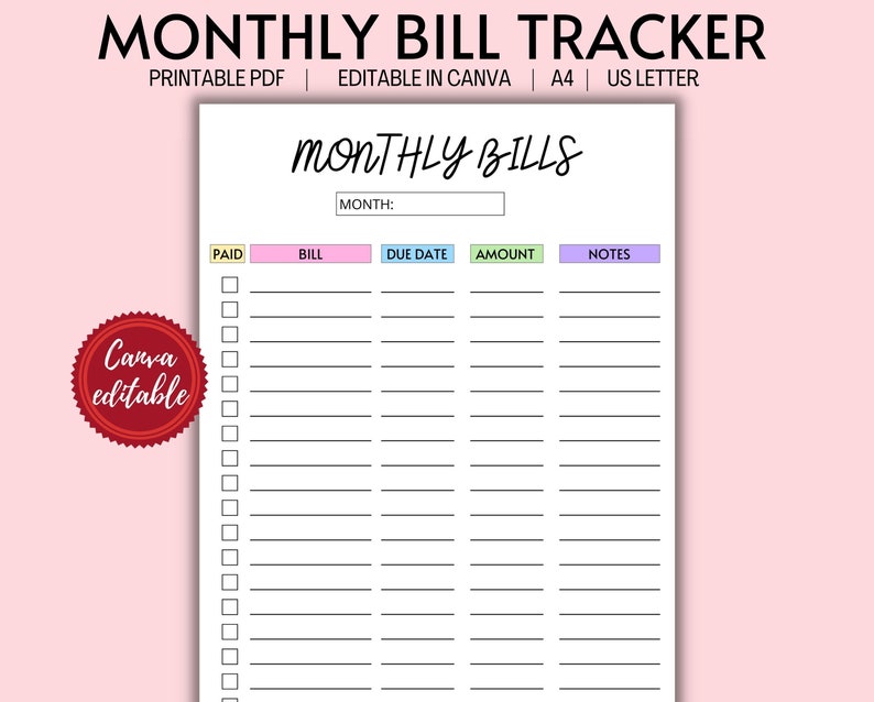 Printable Monthly Bill Tracker Bill Planner Editable - Etsy