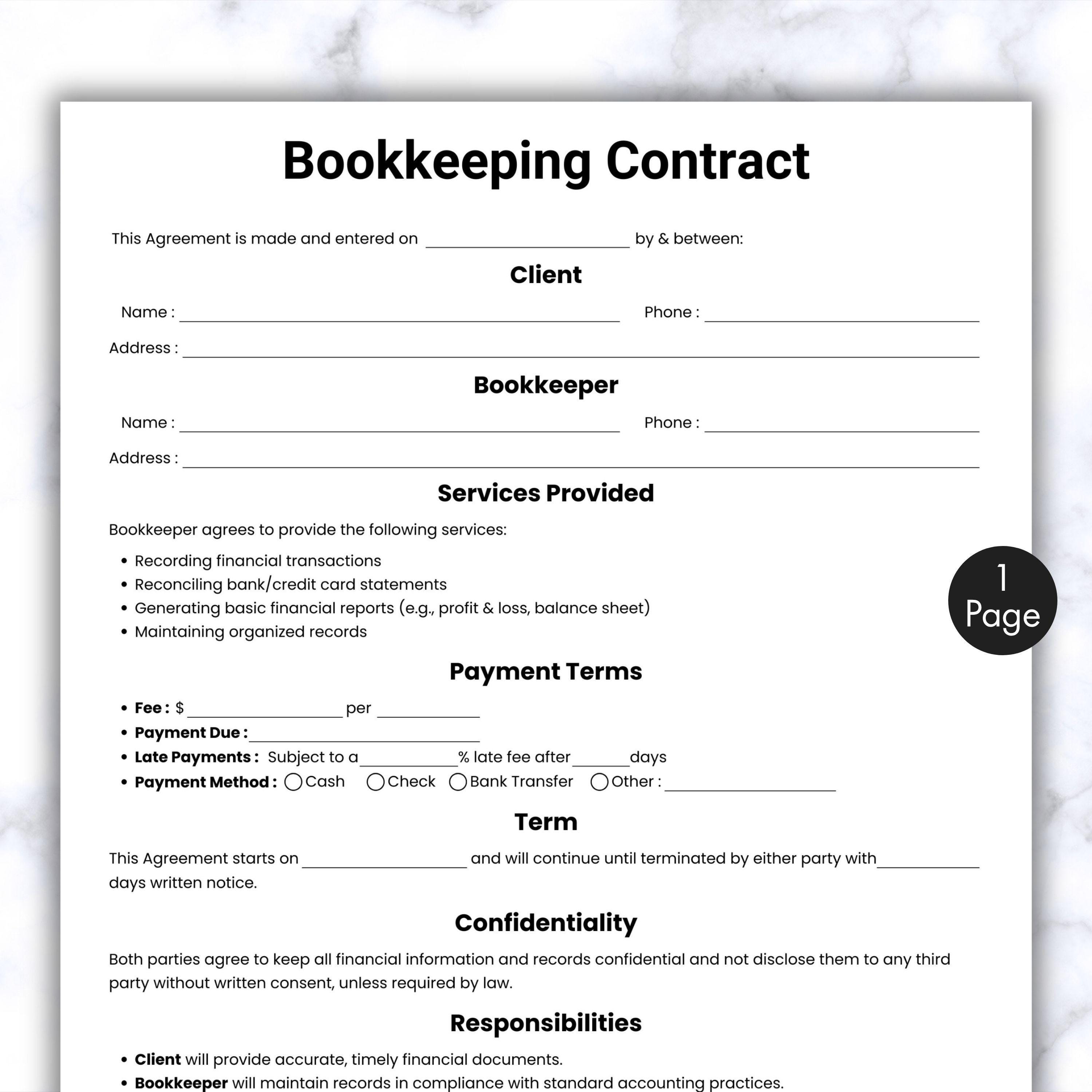 Simple Bookkeeping Contract, One Page Freelance Bookkeeper Form ...