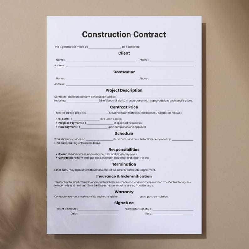 Simple Construction Contract Agreement, One Page Construction Agreement ...