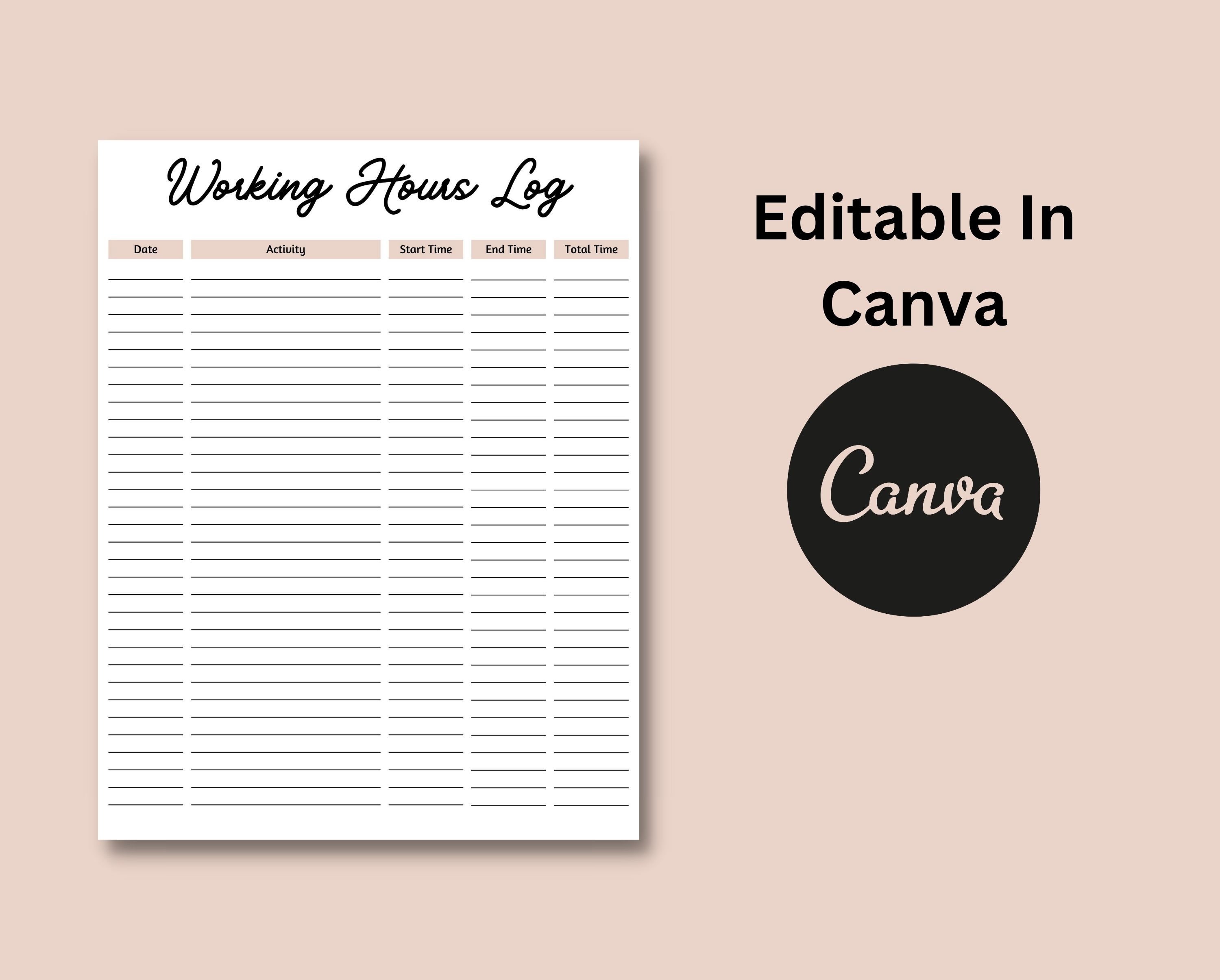 Work Log, Printable Time Log Tracker, Editable Task Working Hours ...