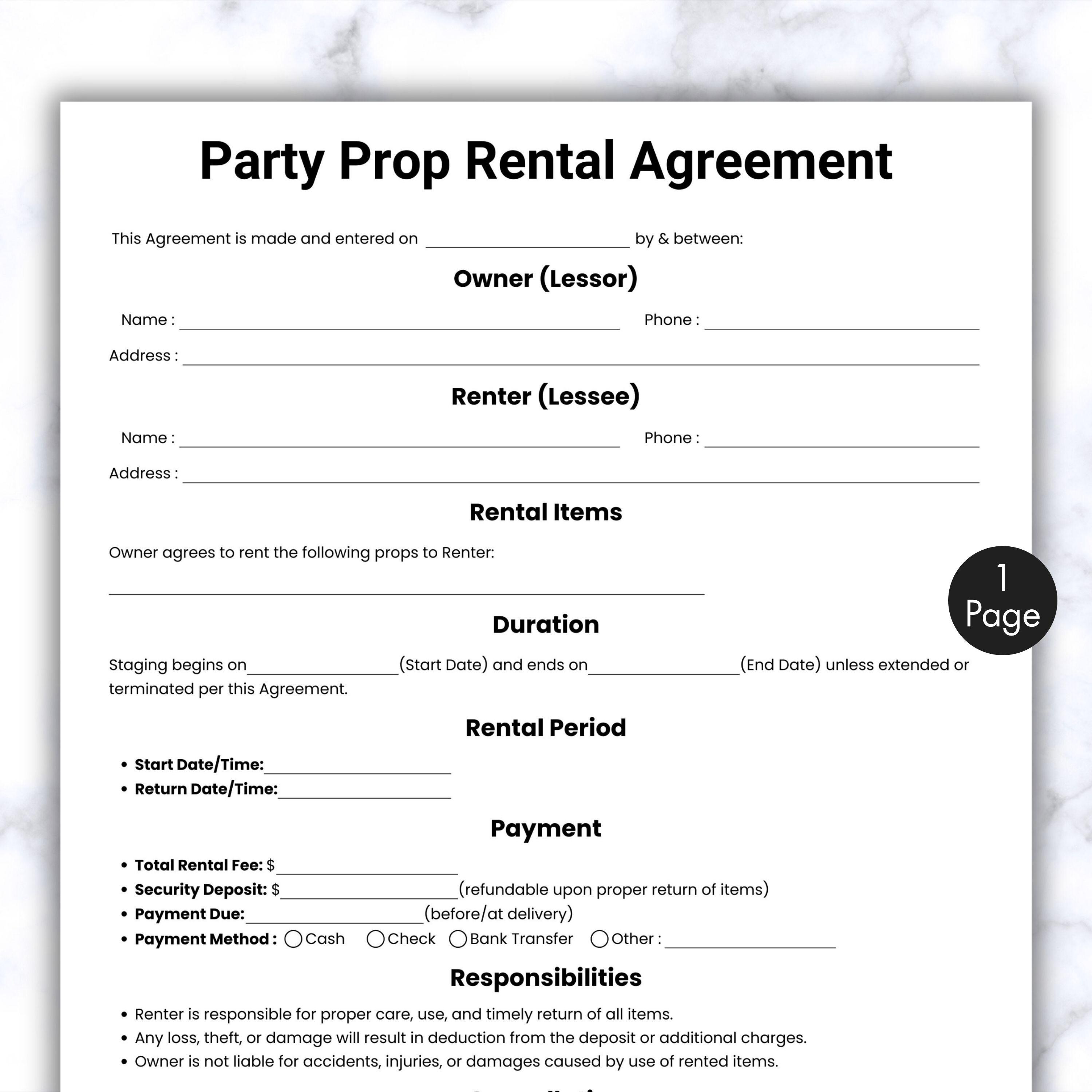 Simple Party Prop Rental Agreement, One Page Event Decor Contract Form ...