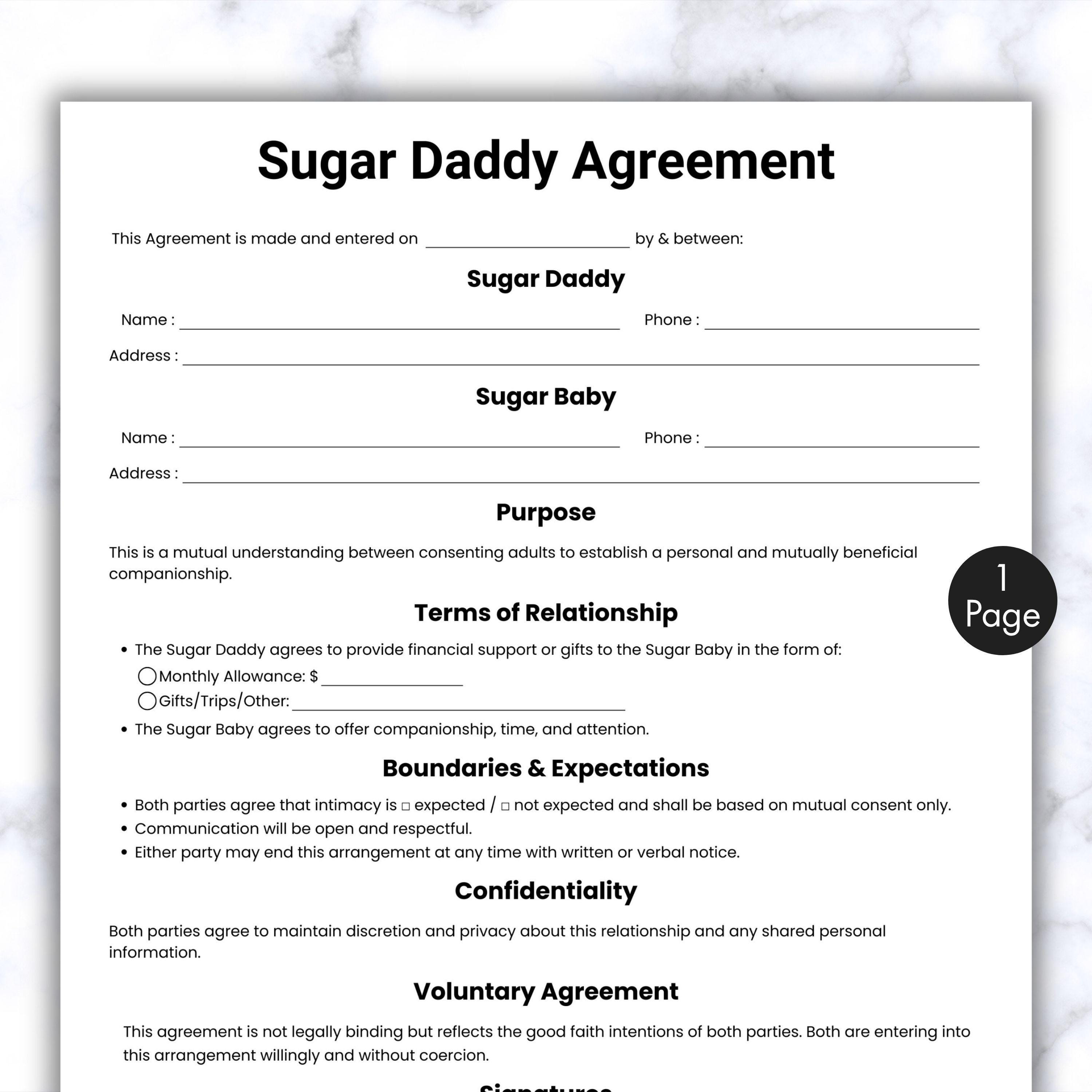 Simple Sugar Daddy Agreement, One Page Discreet Contract Form Canva ...