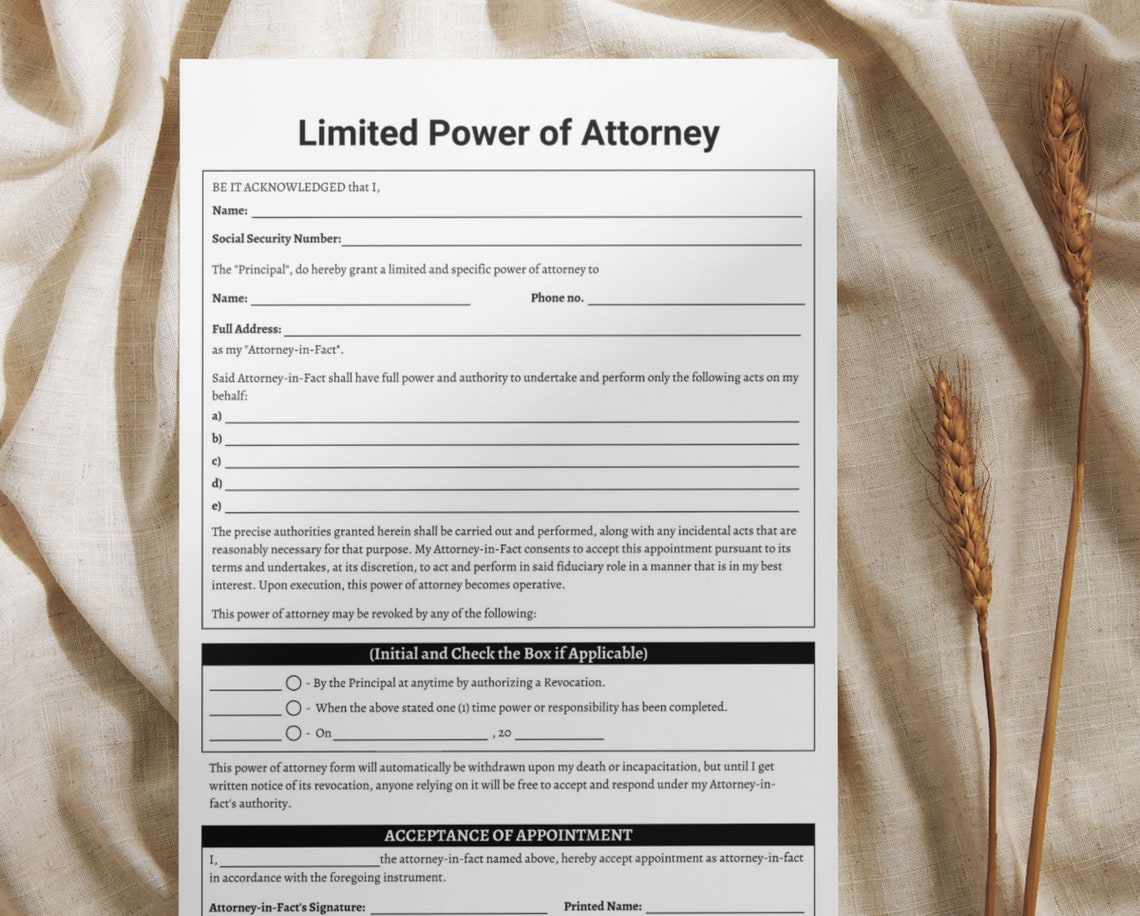 Limited Power of Attorney File, Editable Standard POA, Finance Property ...