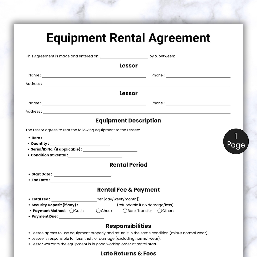 Simple Equipment Rental Agreement Template, One Page Lease Equipment ...