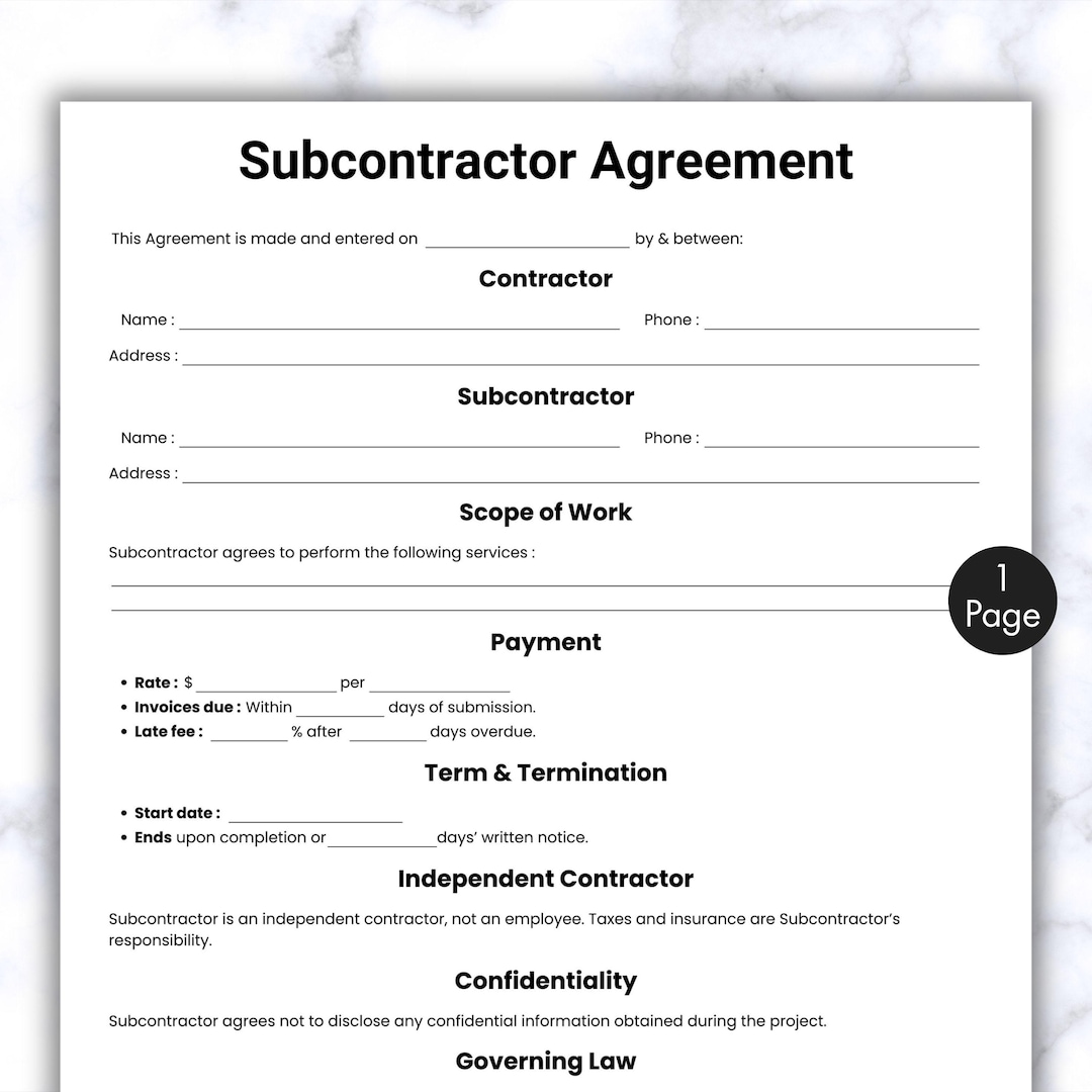 Simple Subcontractor Agreement Template, One Page Independent Contract ...