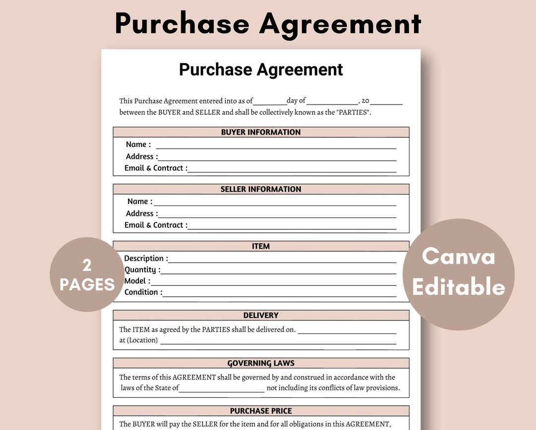 Purchase Agreement, Editable Purchase and Sale Contract, Printable ...