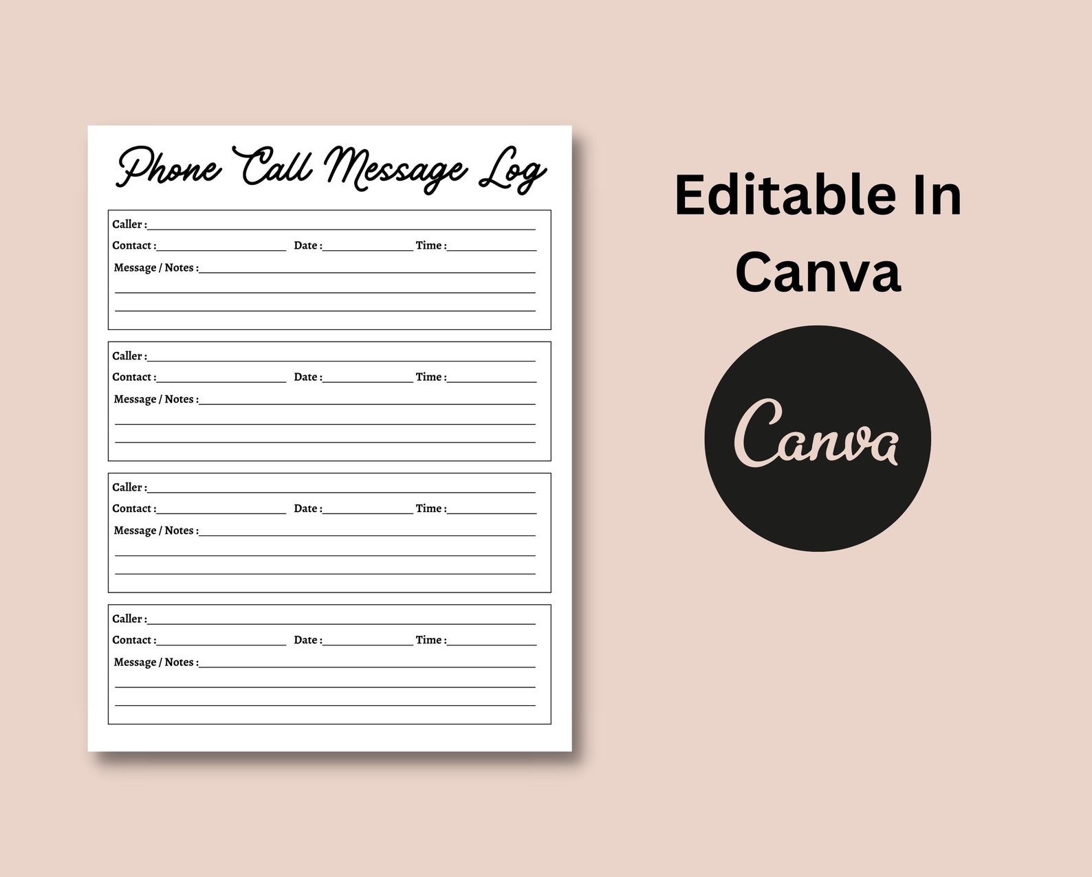 Phone Call Message Log, Editable Fillable Telephone Template ...