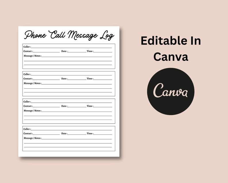 Phone Call Message Log, Editable Fillable Telephone Template ...