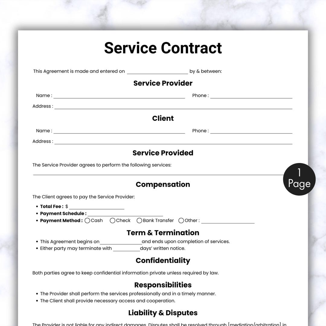 Simple Service Contract Template, One Page Services Contract Agreement ...