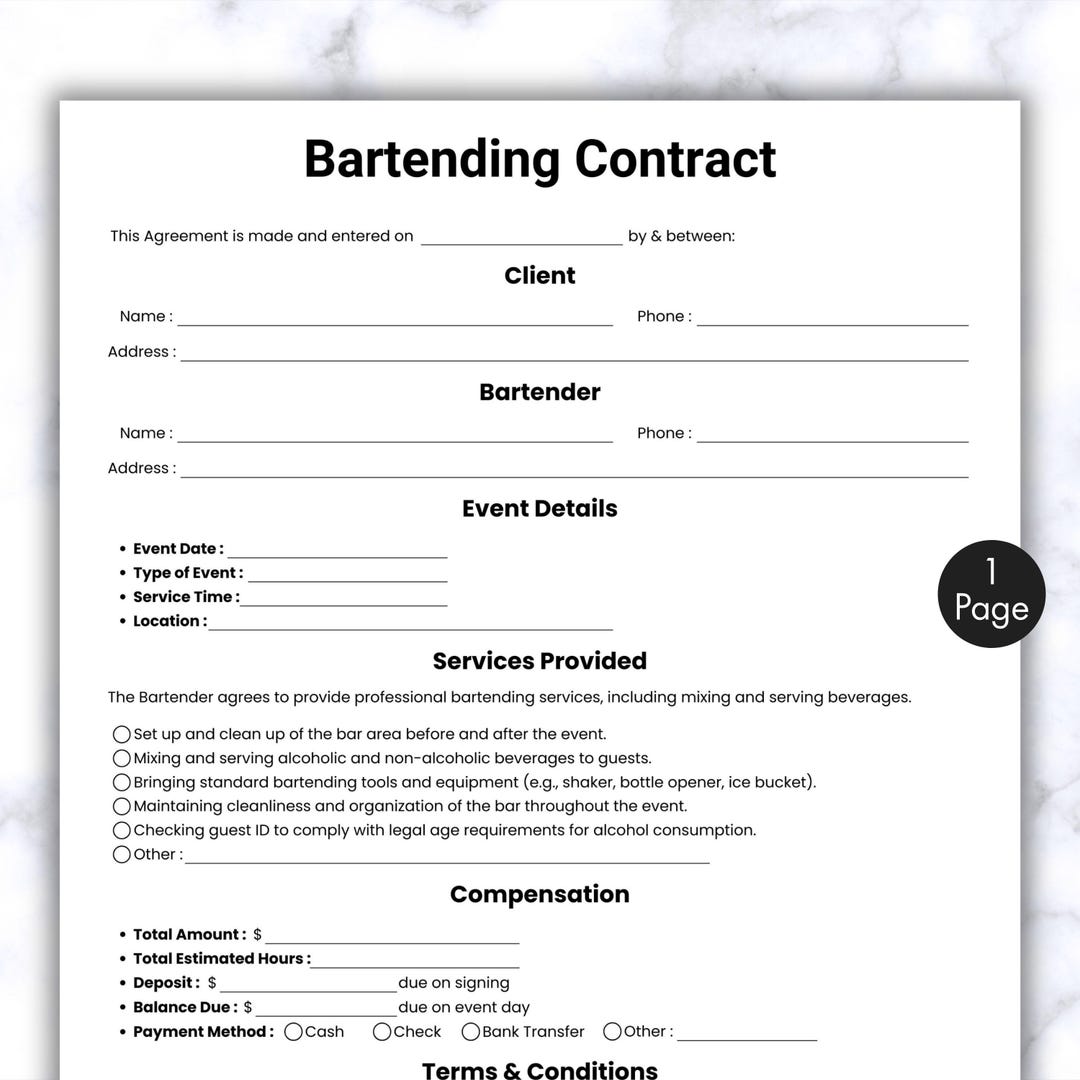 Simple Bartending Contract, One Page Bartender Agreement Template ...