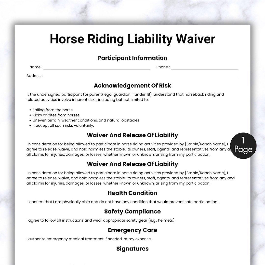 Simple Horse Riding Liability Waiver, One Equine Waiver Form, Printable ...