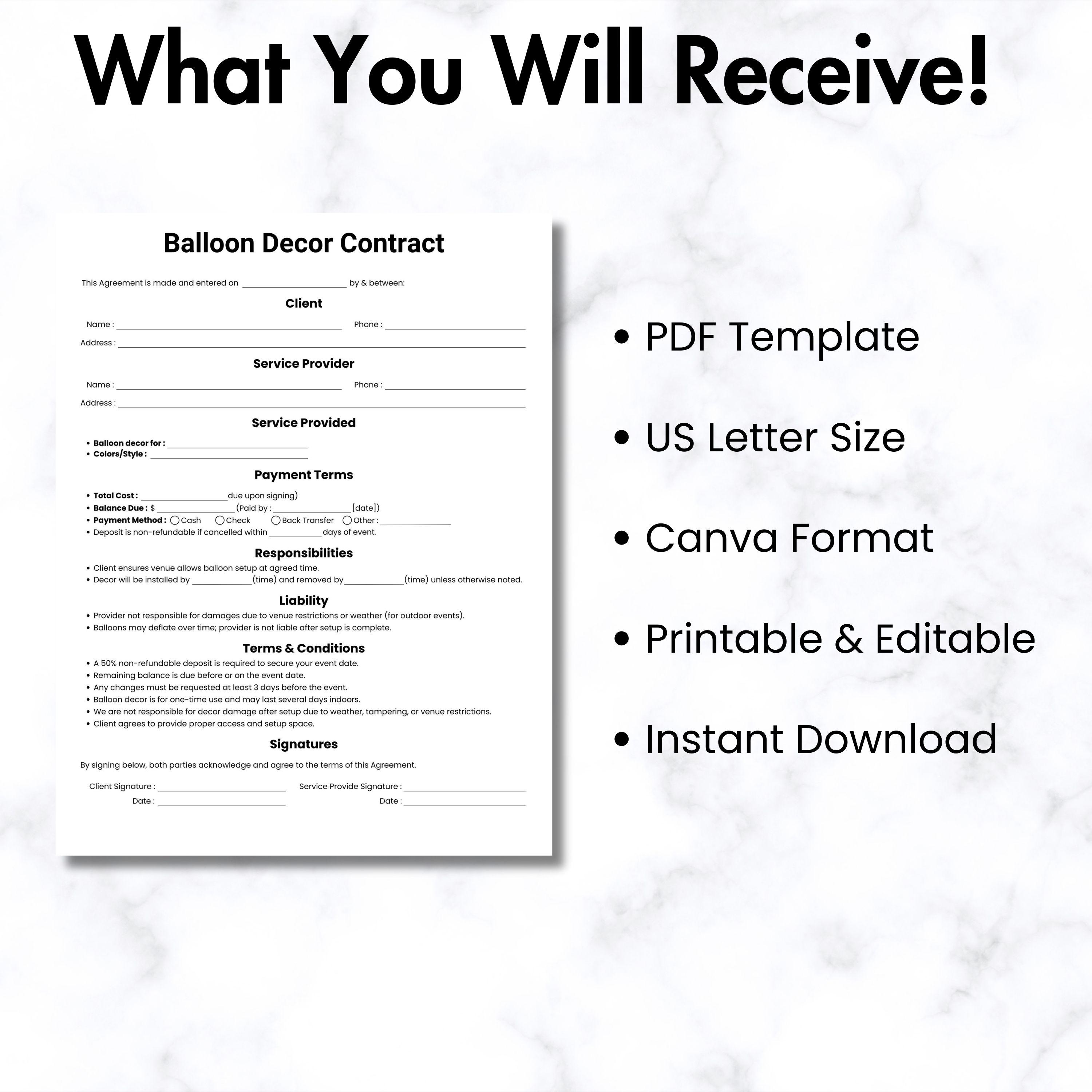 Simple Balloon Decor Contract Template, One Page Balloon Artist Service ...