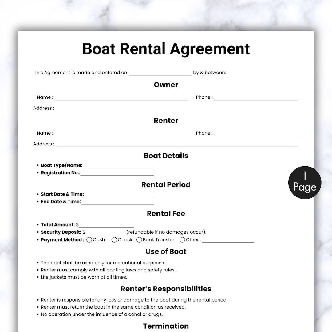 Simple Boat Rental Agreement, One Page Yacht Rental Form, Printable ...