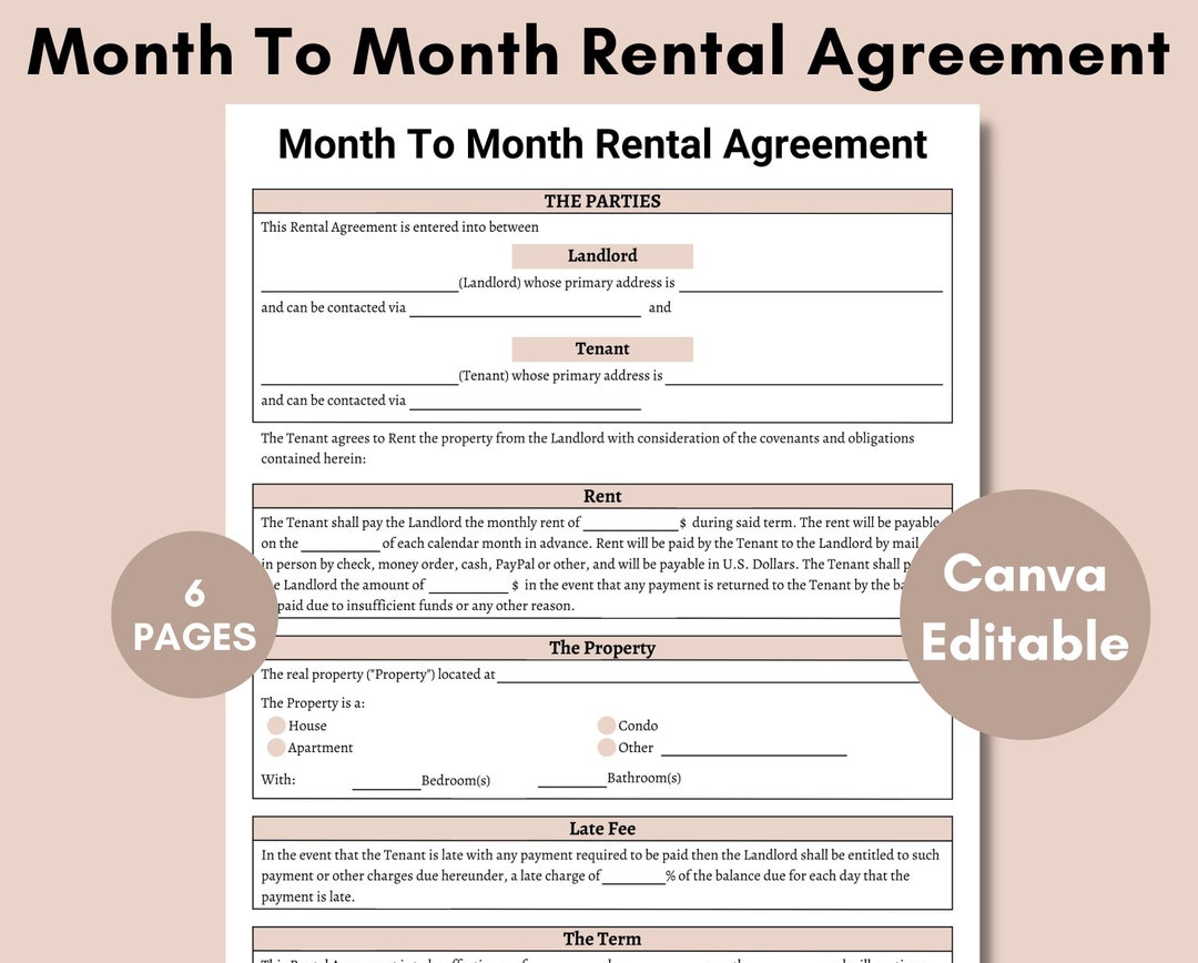 Month to Month Rental Agreement, Editable Month to Month Rental ...