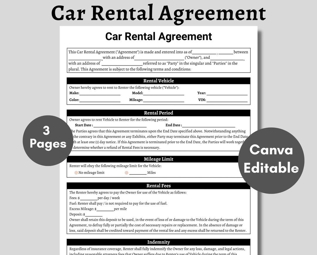 Car Rental Agreement, Car Rental Contract | Printable Vehicle Lease ...