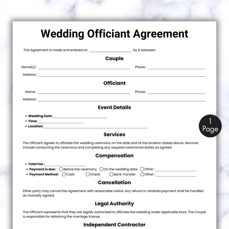 Simple Wedding Officiant Agreement, One Page Ceremony Contract Template ...
