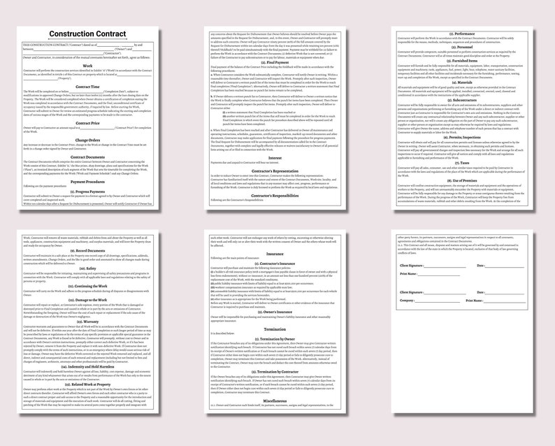 Construction Contract, Printable Construction Template - Handyman ...