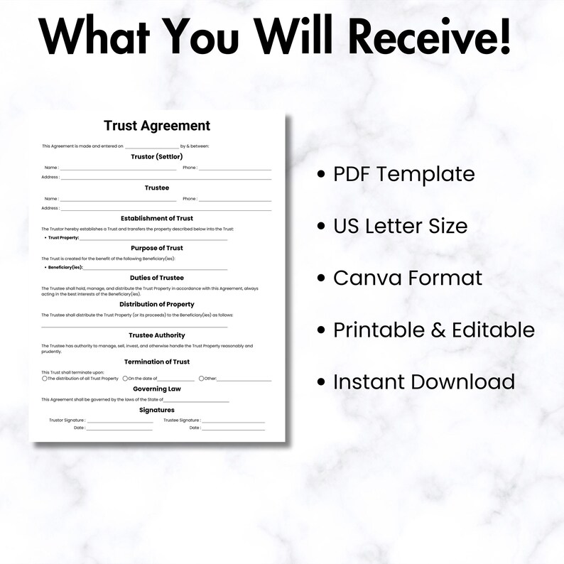 Simple Trust Agreement, One Page Beneficiary Form, Printable & Editable ...