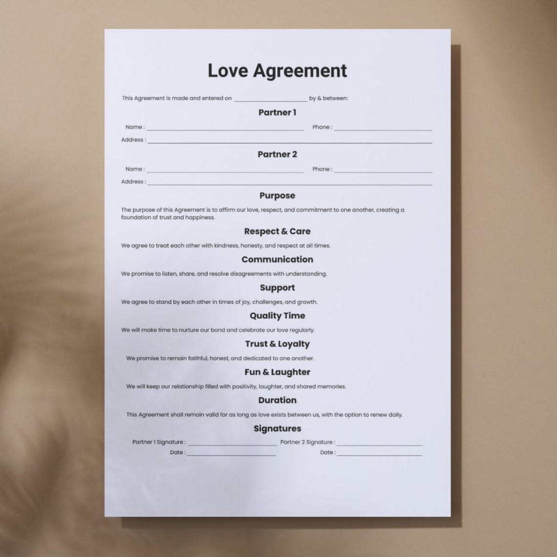 Simple Love Agreement, One Page Relationship Responsibilities Form ...