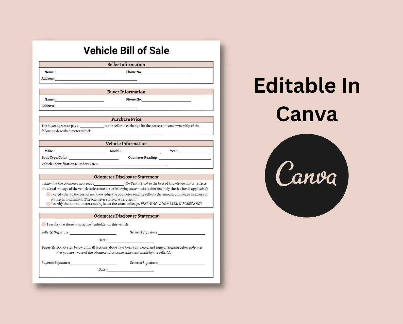 Vehicle Bill for Sale Printable Motor Bike and Car Sale Form - Etsy