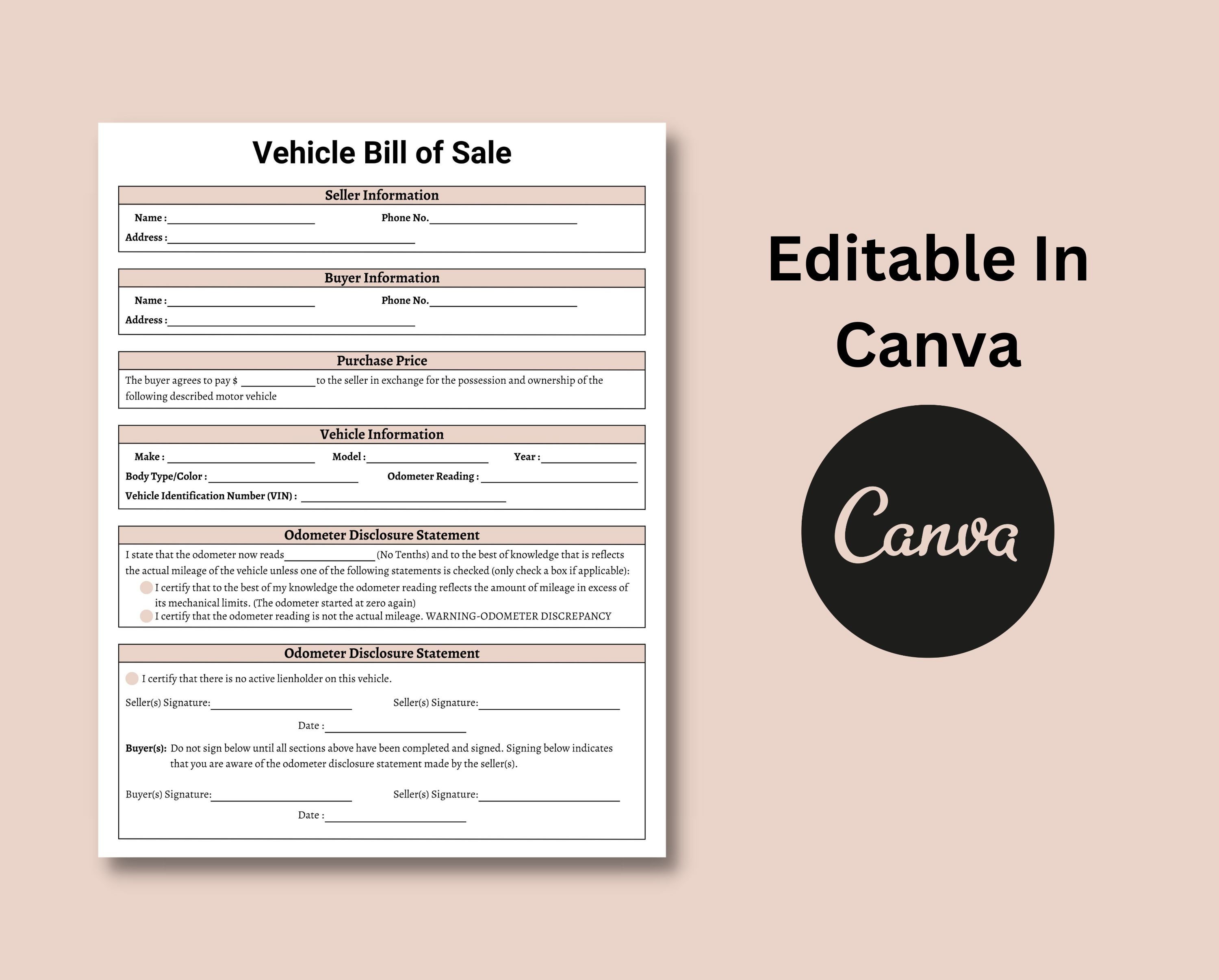 Vehicle Bill for Sale Printable Motor Bike and Car Sale Form - Etsy