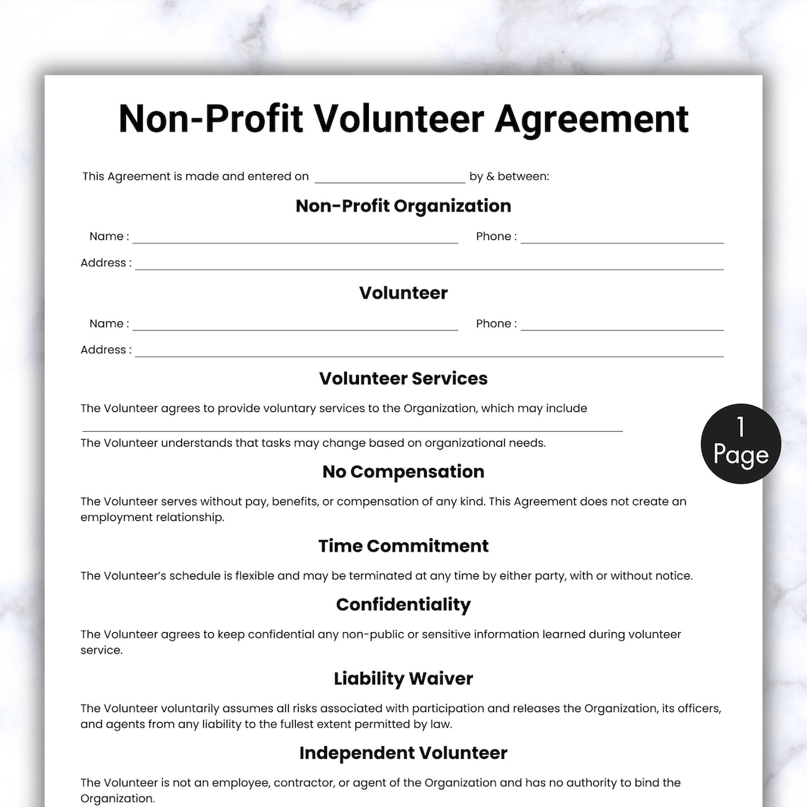 Simple Non-profit Volunteer Agreement, One Page Non-profit ...
