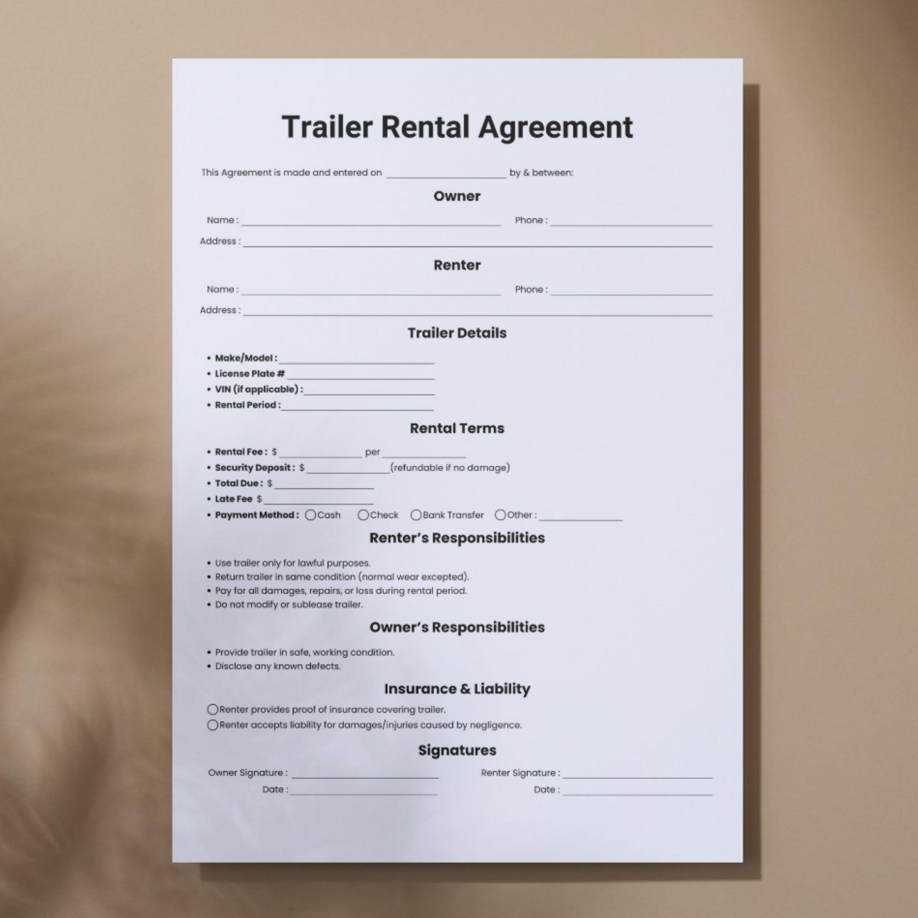Simple Trailer Rental Agreement, One Page Trailer Rental Contract ...