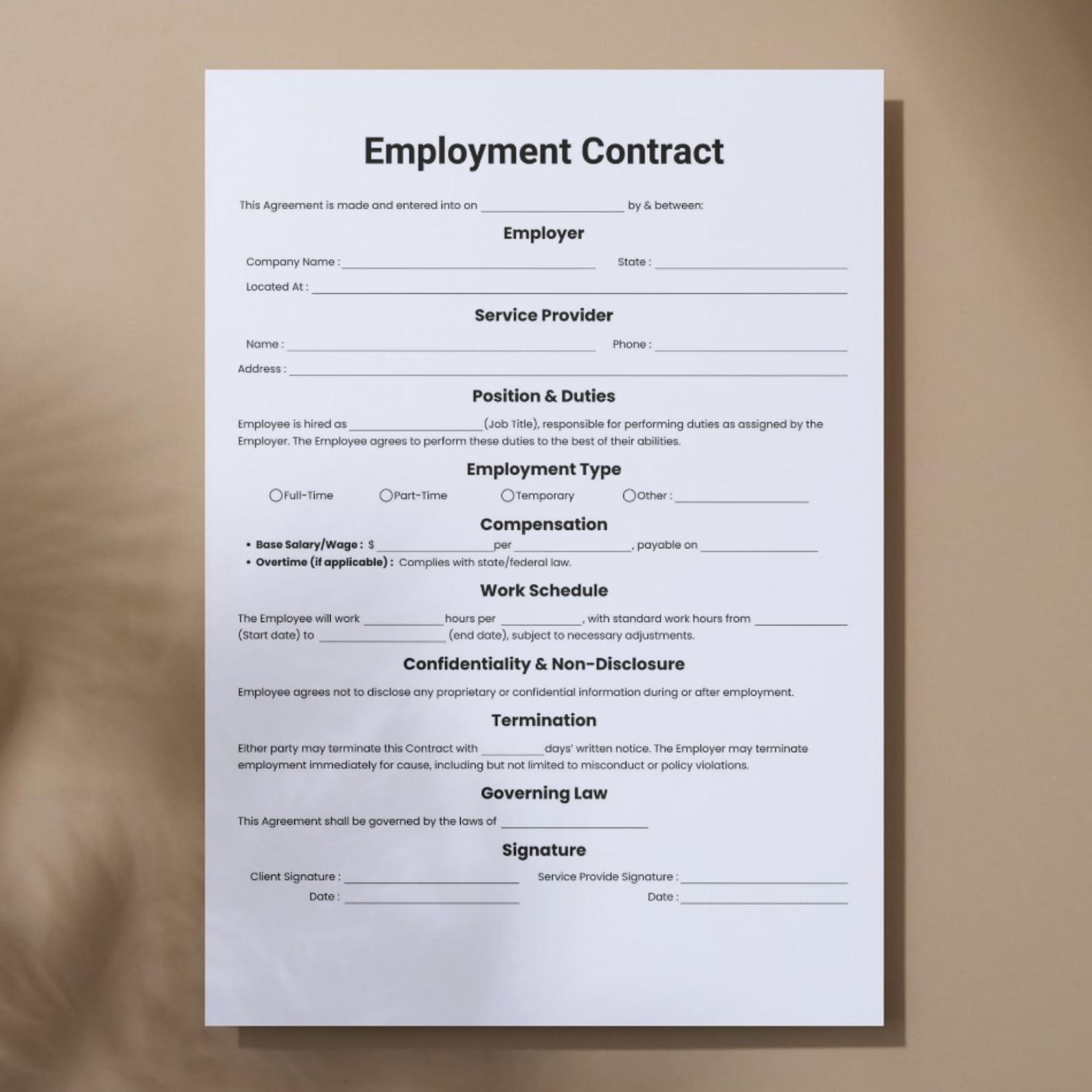 Simple Employment Agreement Template, One Page Employment Service ...