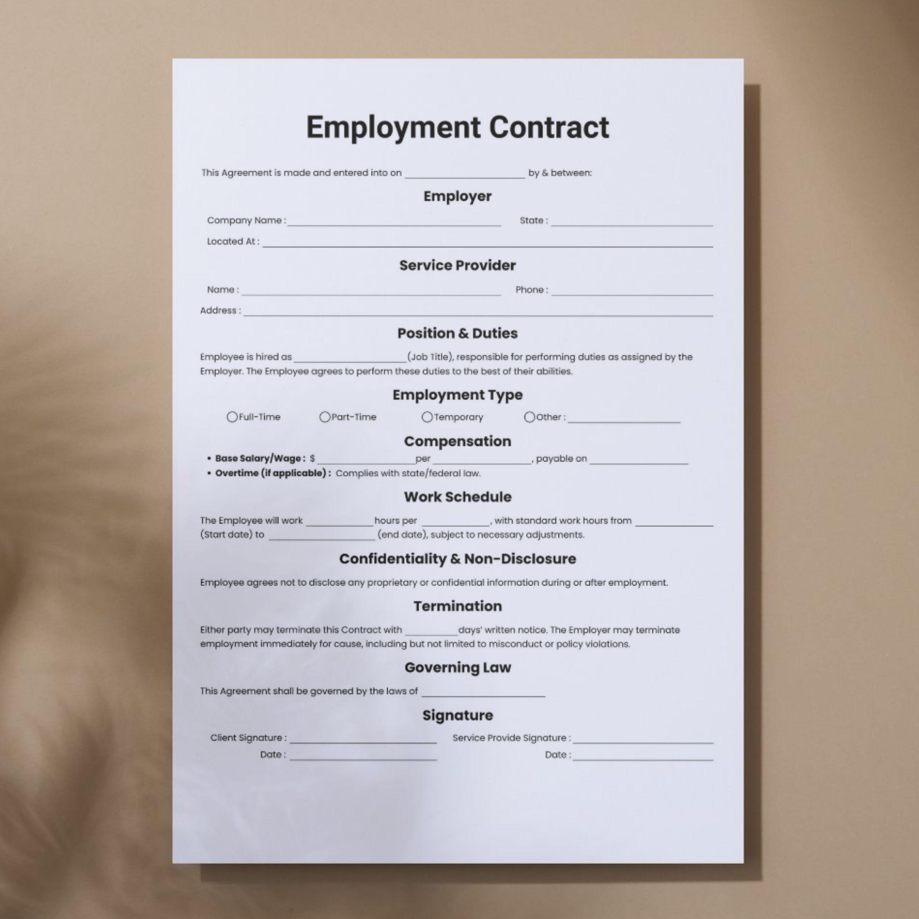Simple Employment Agreement Template, One Page Employment Service ...