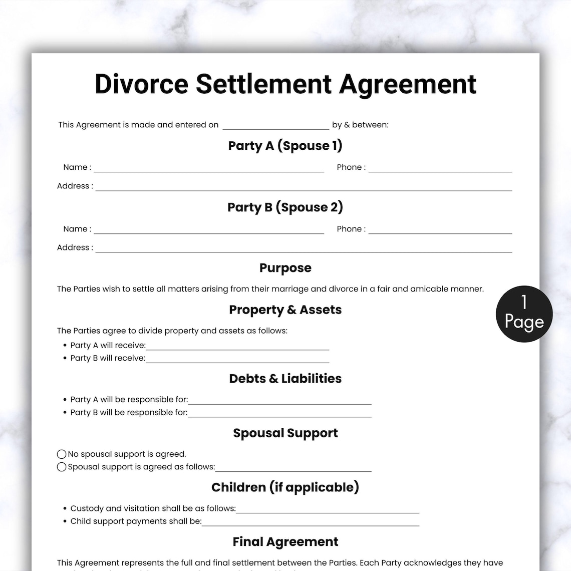 Simple Divorce Settlement Agreement, One Page Marriage Dissolution Form ...