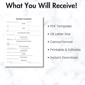 Simple Vendor Contract Template, One Page Event Agreement, Printable & Editable Catering Vendor ...