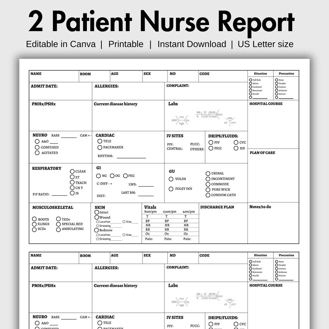 2 Patient Report Sheet Printable Patient Report Sheet Nurse Brain Sheet ...