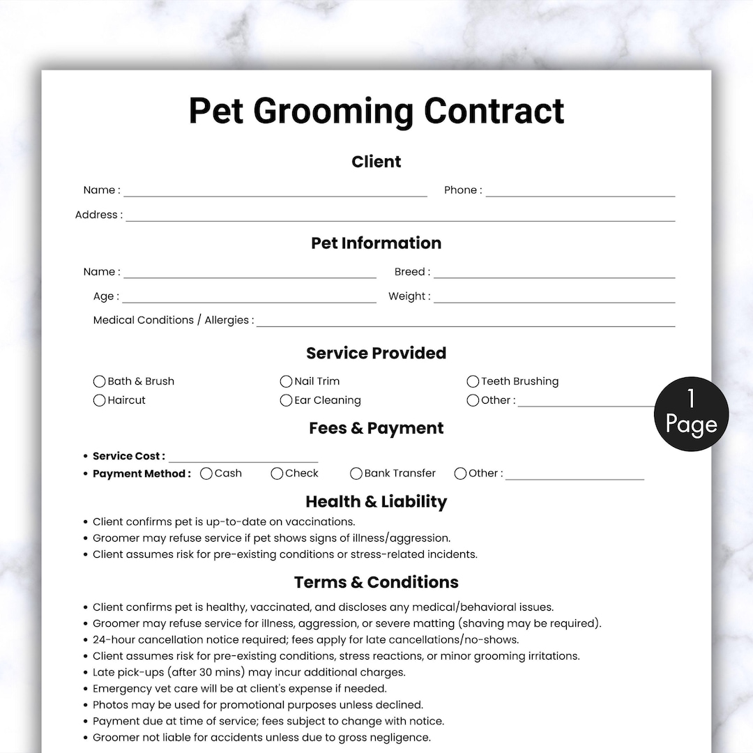 Simple Pet Grooming Contract, One Page Pet Client Grooming Agreement ...