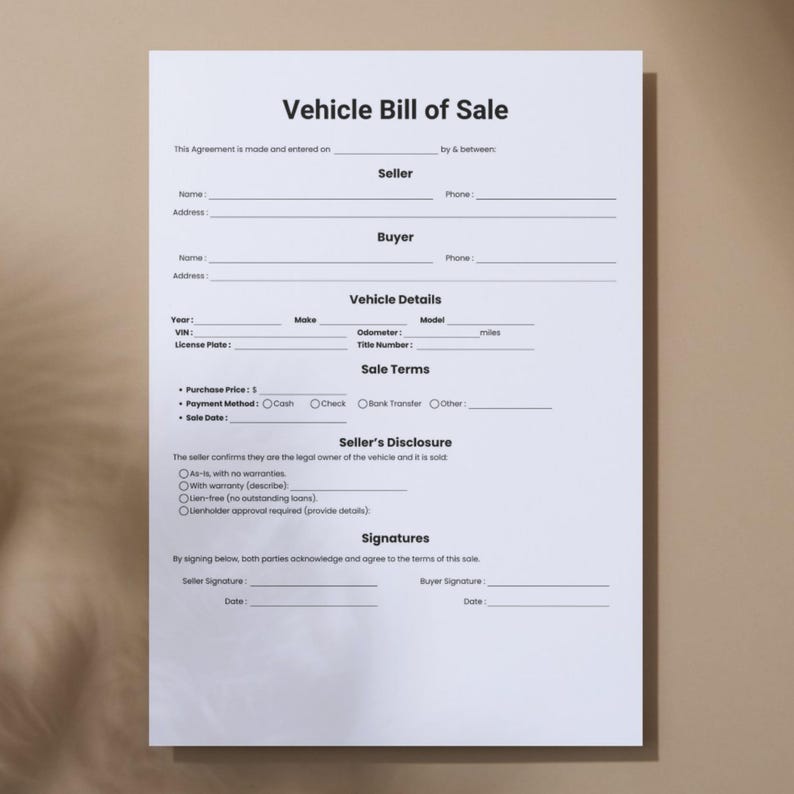 Simple Vehicle Bill of Sale, One Page Motor Vehicle Sale Contract ...