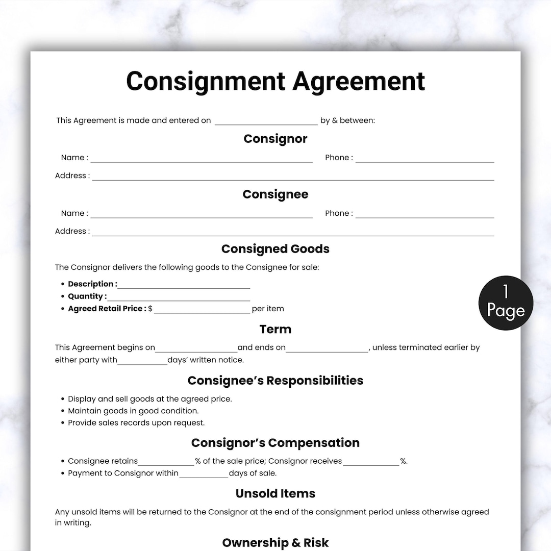 Simple Consignment Agreement, One Page Shop Contract Template ...